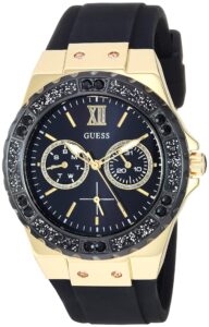 guess gold-tone stainless steel + black stain resistant watch with day + date functions. color: black (model: u1053l7)