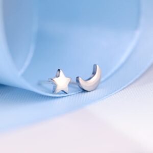 HANFLY Tiny Moon and Star 925 Sterling Silver Stud Earring Star Earring Lovely Cute Small Stud Earrings (5mm)