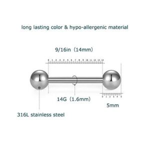 VCMART 14G Tongue Rings Nipple Straight Barbells Surgical Steel Body Piercing Jewelry 14mm