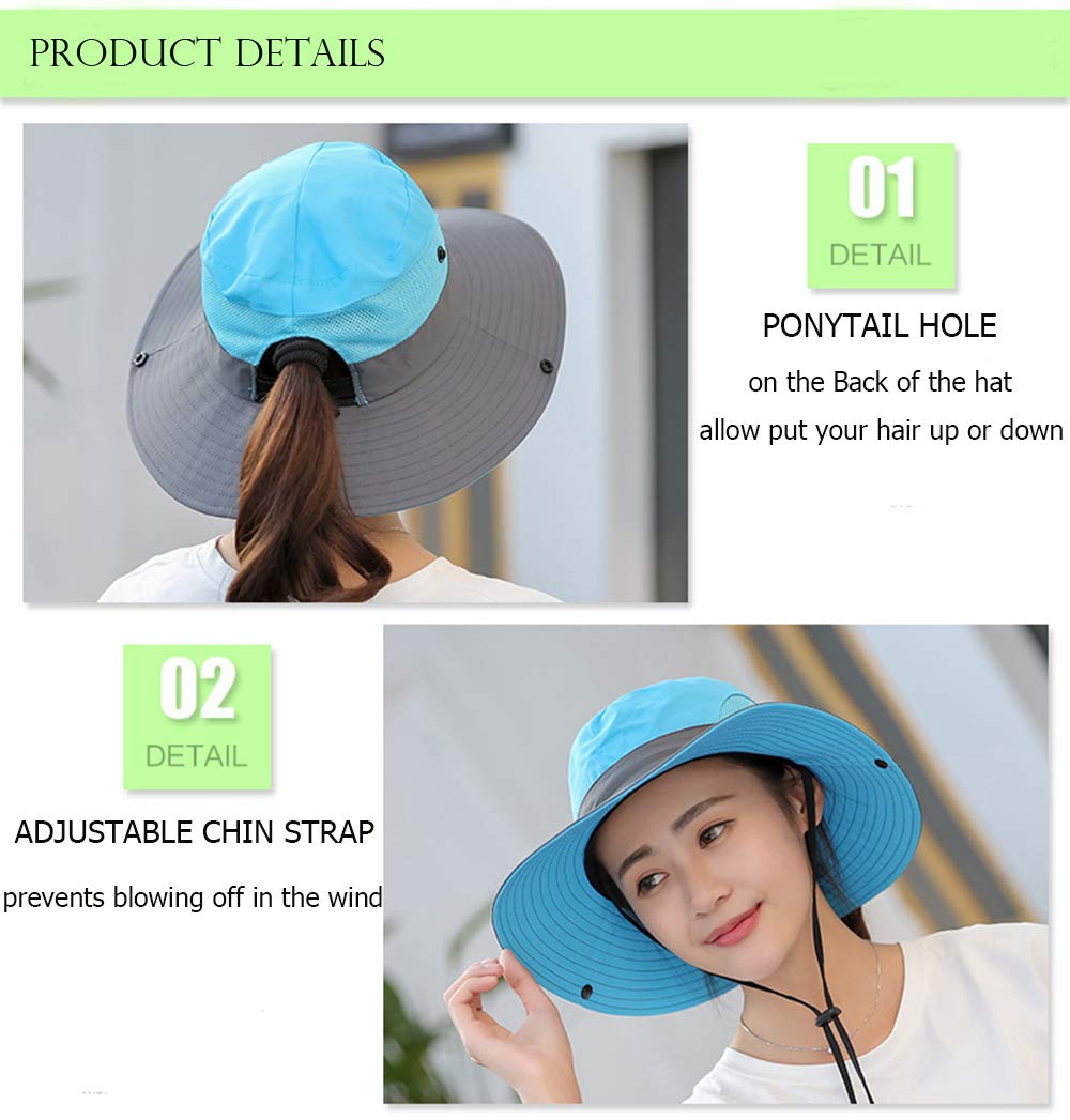 Ponytail Women's Summer Sun Bucket Hats UV Protection Safari Hiking Wide Brim Beach Foldable Mesh Fishing Cap