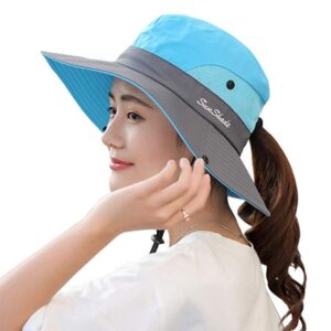 Ponytail Women's Summer Sun Bucket Hats UV Protection Safari Hiking Wide Brim Beach Foldable Mesh Fishing Cap