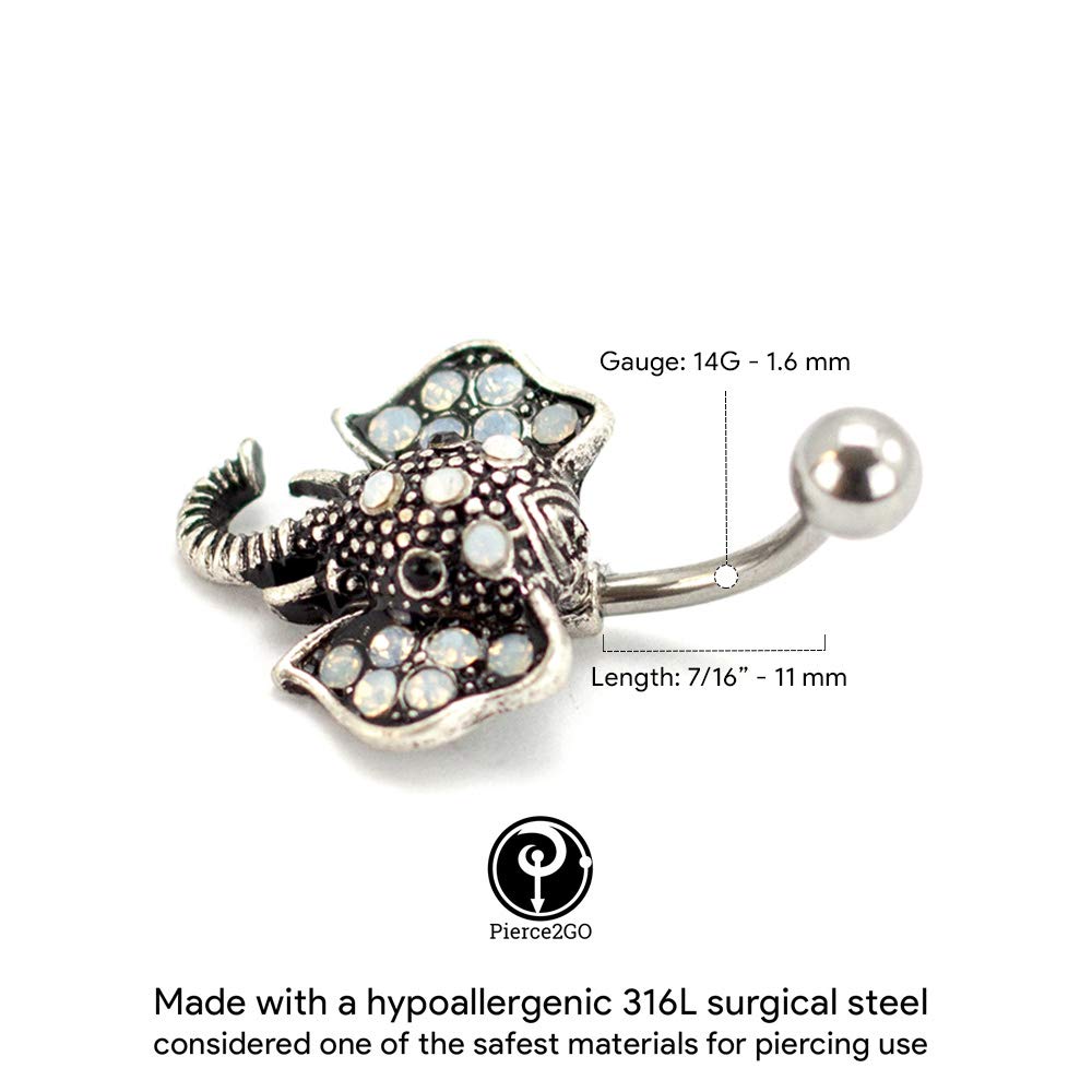 Pierce2GO Silver 14G Elephant Belly Button Ring with White Faux Opal Stone Body Piercing Jewelry Women Navel Ring 316L Surgical Steel Barbell 7/16"