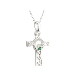 biddy murphy claddagh celtic cross necklace for women, 925 sterling silver, traditional emerald green cz cubic zirconia, imported from ireland, 3/4" w x 1 1/8" h