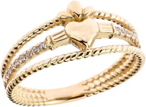 modern 14k yellow gold diamond 3-row claddagh rope engagement/proposal ring (size 7)