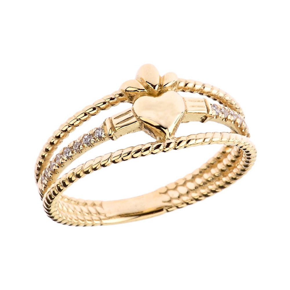 Modern 14k Yellow Gold Diamond 3-Row Claddagh Rope Engagement/Proposal Ring (Size 7)