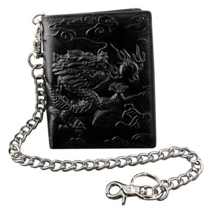 balck men real leather vintage dragon wallet with chain card holder purse (vertical)