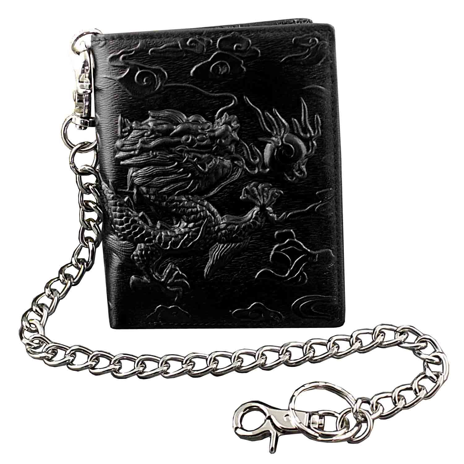 Balck Men Real Leather Vintage Dragon Wallet with Chain Card Holder Purse (vertical)