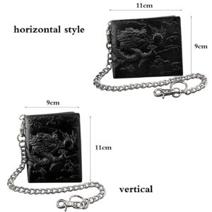 Balck Men Real Leather Vintage Dragon Wallet with Chain Card Holder Purse (vertical)