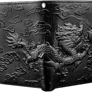 Balck Men Real Leather Vintage Dragon Wallet with Chain Card Holder Purse (vertical)