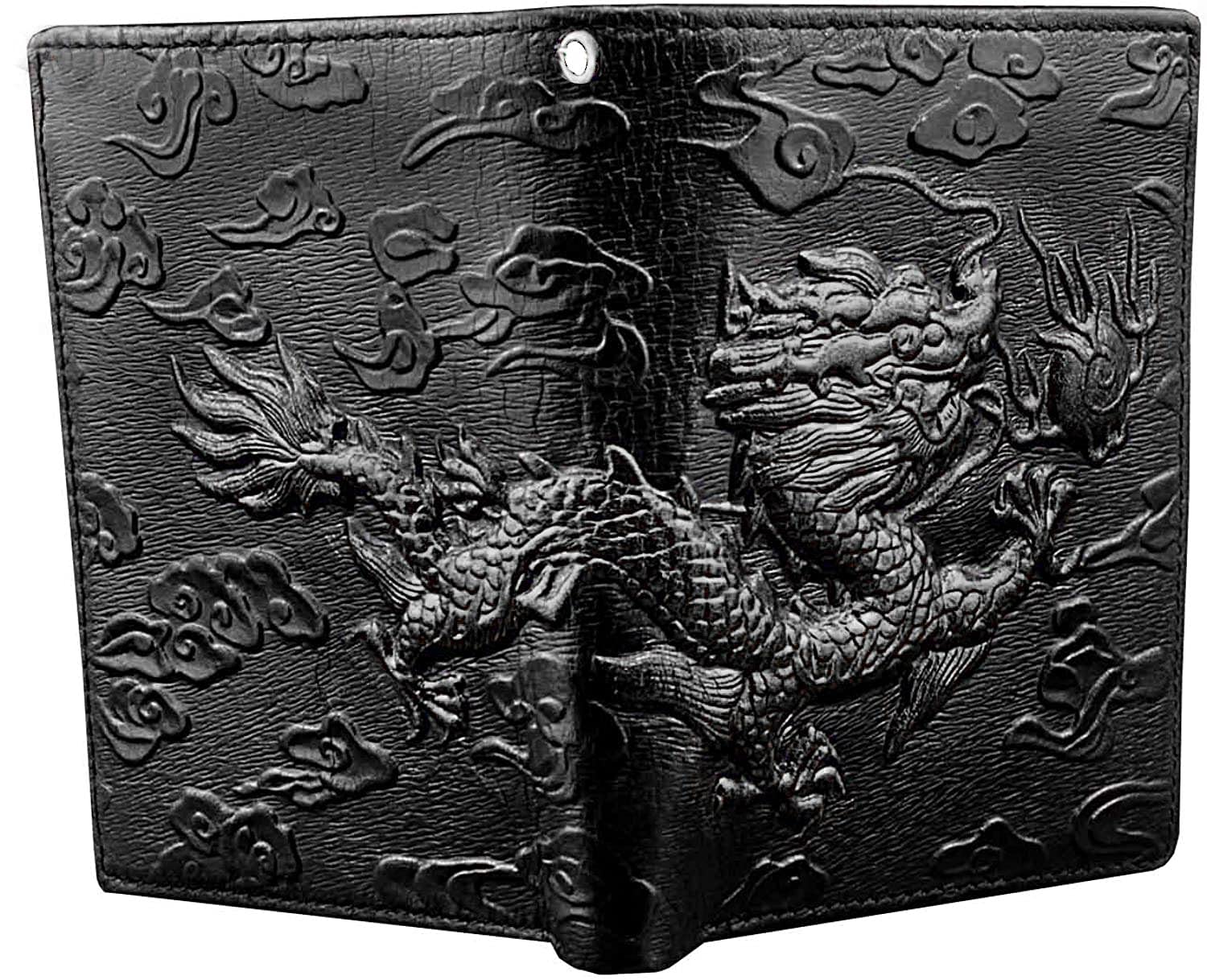 Balck Men Real Leather Vintage Dragon Wallet with Chain Card Holder Purse (vertical)