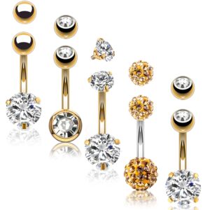 bodyj4you 5pc belly button rings set - 14g - goldtone surgical stainless steel - shiny cz crystals - clear disco ball - replacement extra pack - women body piercing jewelry