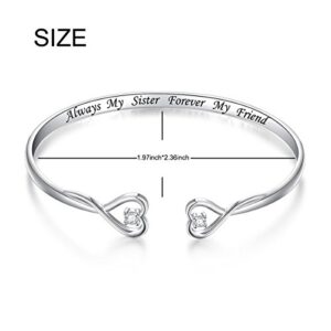 DAOCHONG Sister Gift Sterling Silver Engraved Always My Sister Forever My Friend Double Love Heart Cuff Bangle