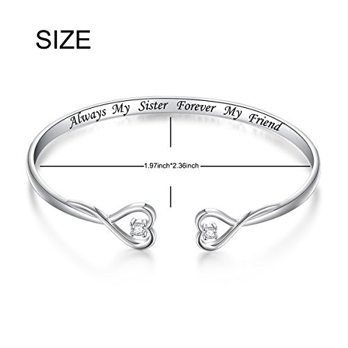 DAOCHONG Sister Gift Sterling Silver Engraved Always My Sister Forever My Friend Double Love Heart Cuff Bangle