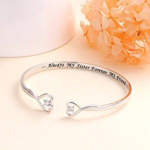 DAOCHONG Sister Gift Sterling Silver Engraved Always My Sister Forever My Friend Double Love Heart Cuff Bangle