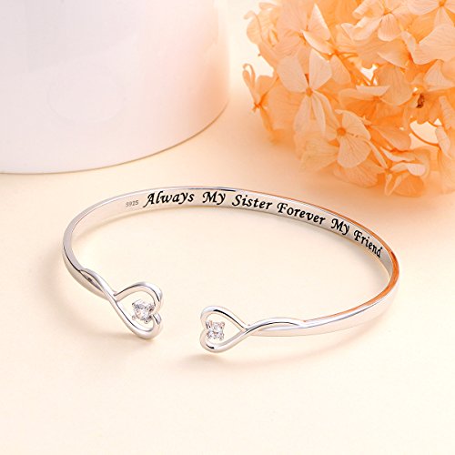 DAOCHONG Sister Gift Sterling Silver Engraved Always My Sister Forever My Friend Double Love Heart Cuff Bangle