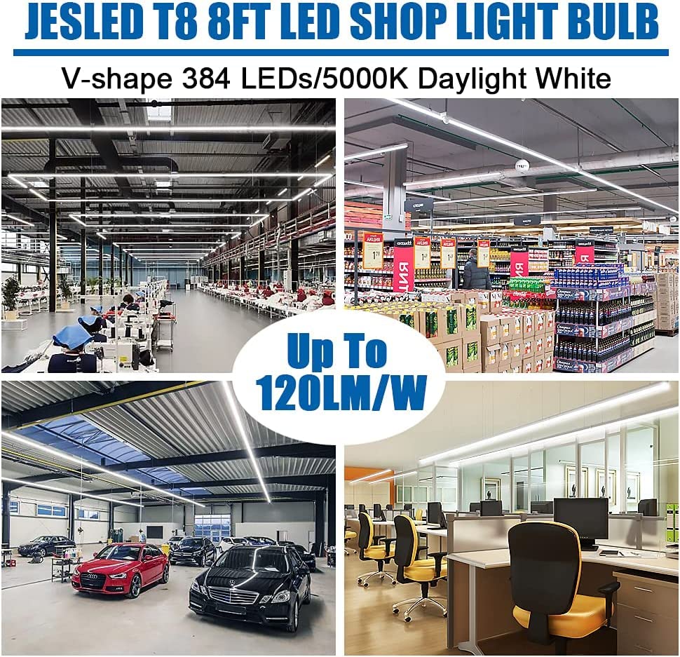 JESLED T8/T10/T12 8FT LED Tube Light, Single Pin FA8 Base, 50W 6000LM 5000K Daylight White, 270 Degree V Shaped LED Fluorescent Bulb (130W Equiv.), ETL Listed, Clear Cover, Dual-Ended Power (12-Pack)