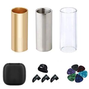 guitar slide, set of 1 glass slide, 1 steel slide and 1 brass guitar slide, bonus 6 pcs guitar picks, and 4 finger picks