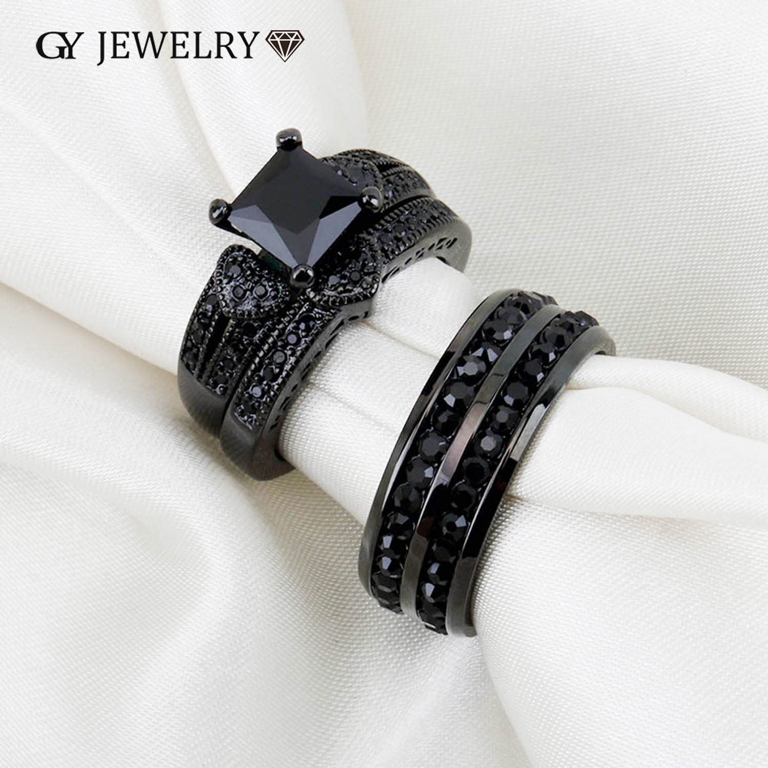 Couple Ring His Hers Women Black Gold Filled Cz Men Stainless Steel Bridal Sets Wedding Band