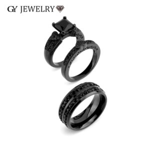 Couple Ring His Hers Women Black Gold Filled Cz Men Stainless Steel Bridal Sets Wedding Band