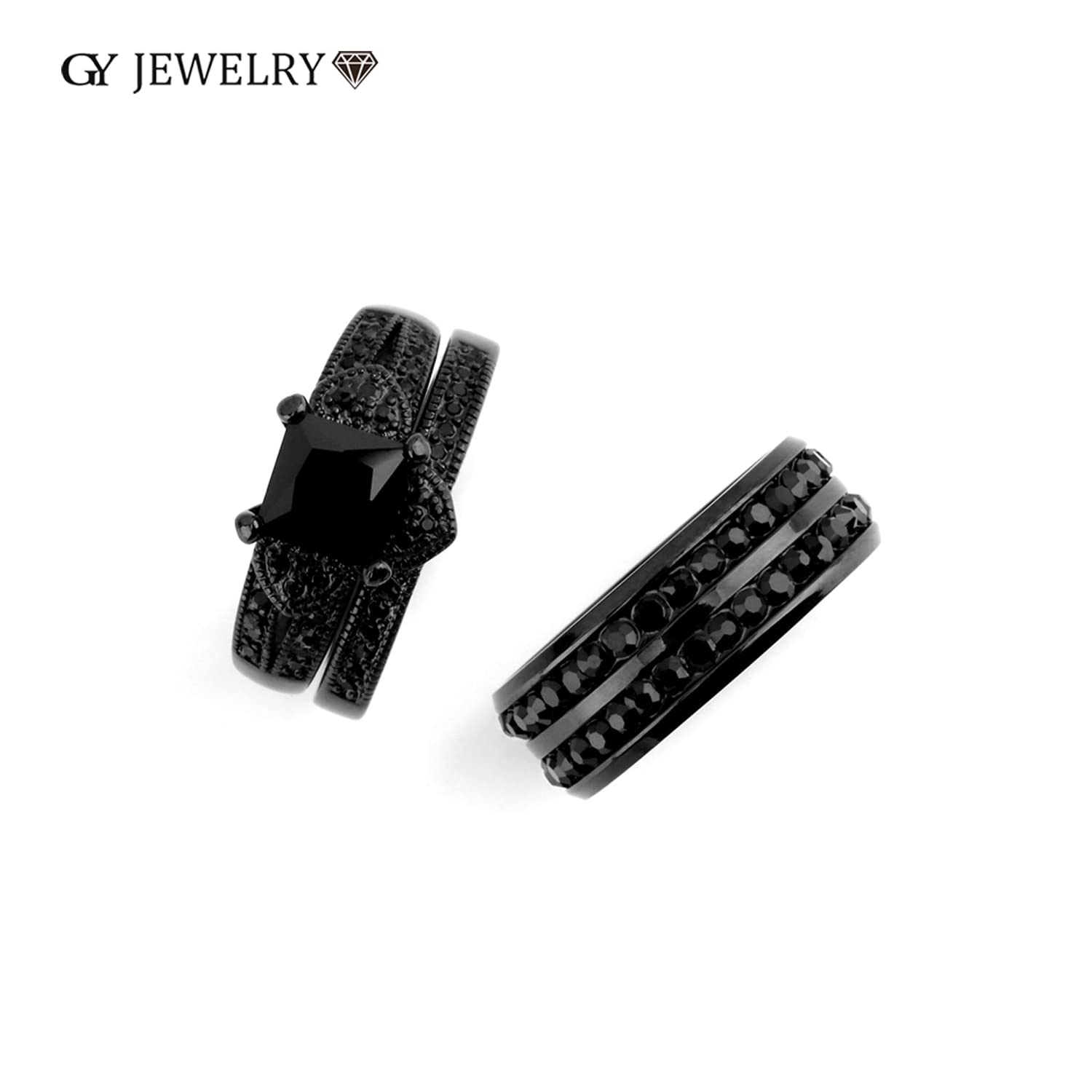 Couple Ring His Hers Women Black Gold Filled Cz Men Stainless Steel Bridal Sets Wedding Band