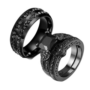 Couple Ring His Hers Women Black Gold Filled Cz Men Stainless Steel Bridal Sets Wedding Band