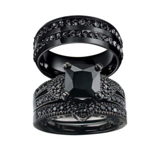 Couple Ring His Hers Women Black Gold Filled Cz Men Stainless Steel Bridal Sets Wedding Band