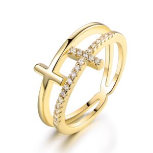 barzel 18k gold plated cubic zirconia double cross ring (gold, 8)