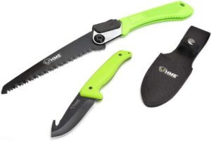 hme folding 8" hand saw & 9.5" fixed black oxide blade gut hook knife hunting combo for game & wood processing