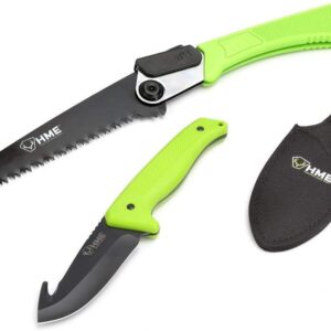 HME Folding 8" Hand Saw & 9.5" Fixed Black Oxide Blade Gut Hook Knife Hunting Combo for Game & Wood Processing