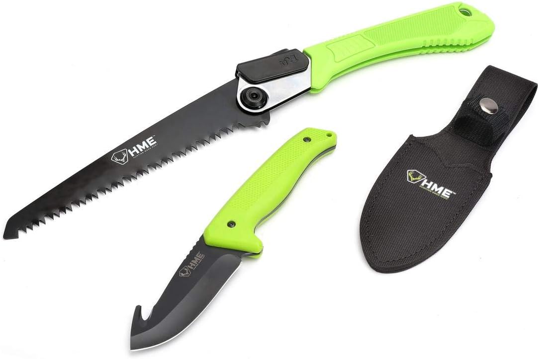 HME Folding 8" Hand Saw & 9.5" Fixed Black Oxide Blade Gut Hook Knife Hunting Combo for Game & Wood Processing