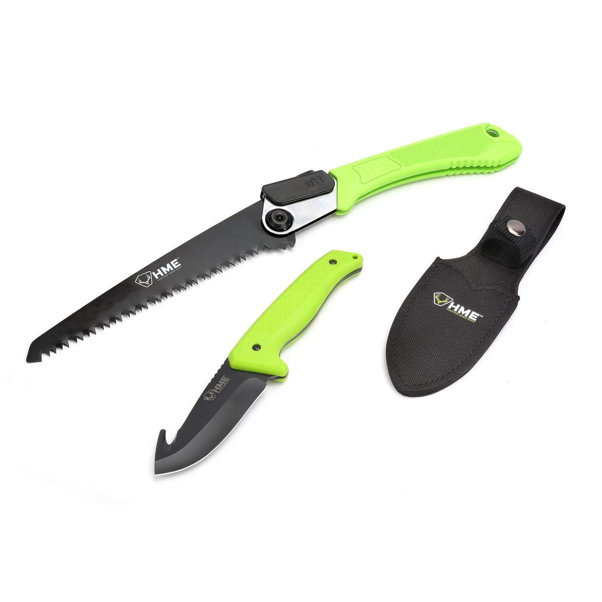 HME Folding 8" Hand Saw & 9.5" Fixed Black Oxide Blade Gut Hook Knife Hunting Combo for Game & Wood Processing