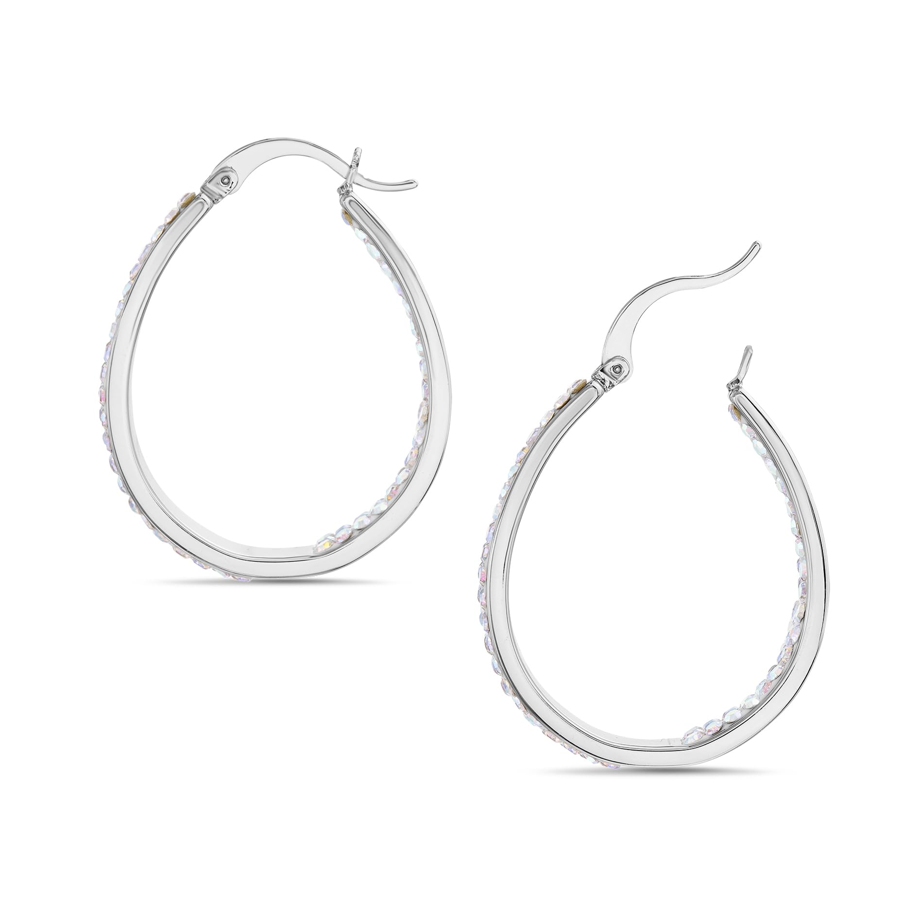 Oval Inside Outside Hoop Earrings for Women Faceted Sparkle Crystals