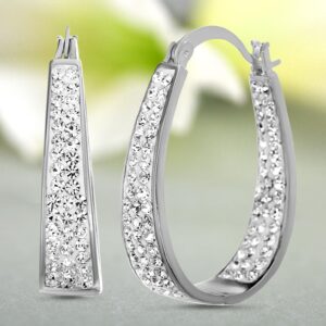 Oval Inside Outside Hoop Earrings for Women Faceted Sparkle Crystals