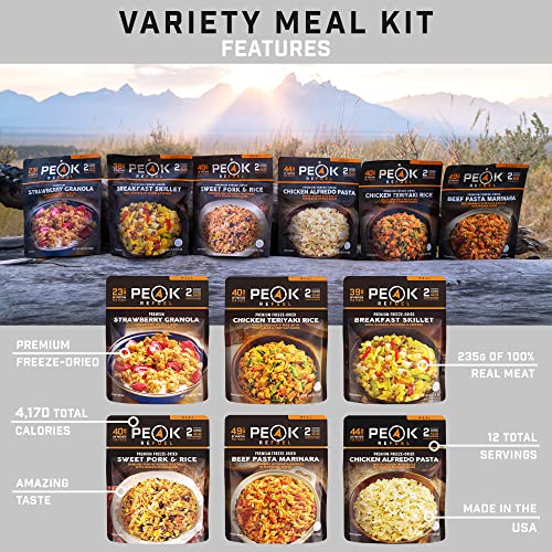 Peak Refuel Variety Meal Kit | 239g Protein | 4920 Calories | 100% Real Meat | Premium Freeze Dried Backpacking & Camping Food | 2 Servings | Ideal MRE Survival Meal