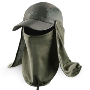 ellewin outdoor fishing flap hat upf50 sun cap removable mesh face neck cover, d-army green/ mesh neck cover, m-l-xl