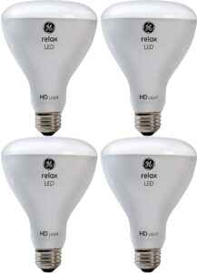 ge lighting relax led indoor floodlight bulb, 8 watts (65 watt equivalent) soft white hd light, medium base, dimmable (4 pack)