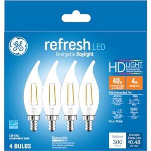 ge refresh led light bulbs, 40w, daylight candle lights, clear decorative light bulbs, small base (4 pack)