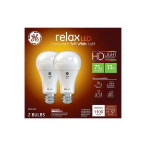 ge lighting relax led hd light bulbs, 13 watt (75 watt equivalent) soft white, medium base, dimmable (2 pack)