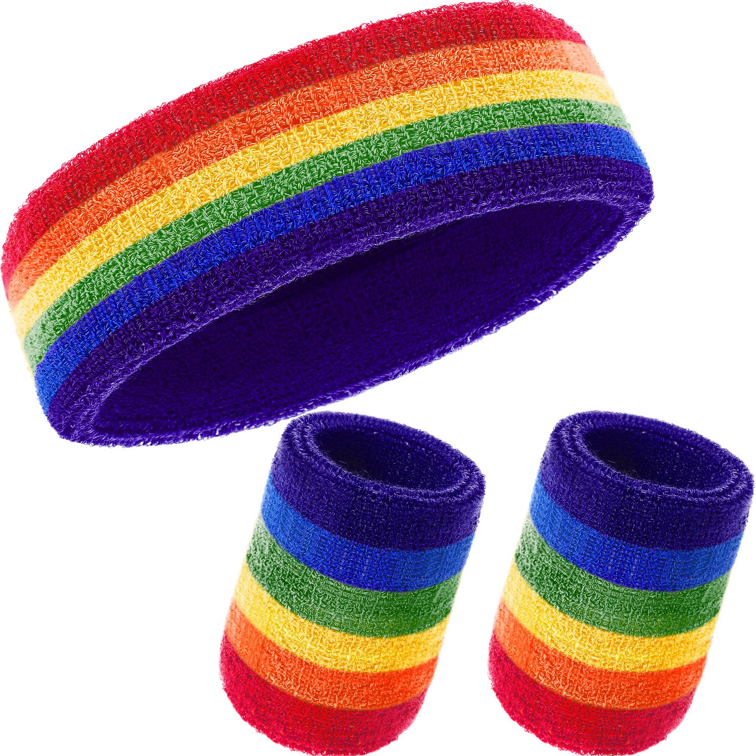 WILLBOND 3 Pcs Sweatbands Set 80s Neon Sports Headband Tennis Striped Sweat Band Paris Sports Competitions Sports Games for Men Women Kids Party Supplies(Rainbow,Striped Style)