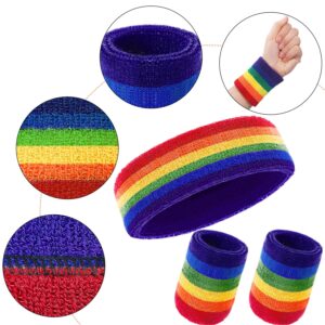 WILLBOND 3 Pcs Sweatbands Set 80s Neon Sports Headband Tennis Striped Sweat Band Paris Sports Competitions Sports Games for Men Women Kids Party Supplies(Rainbow,Striped Style)