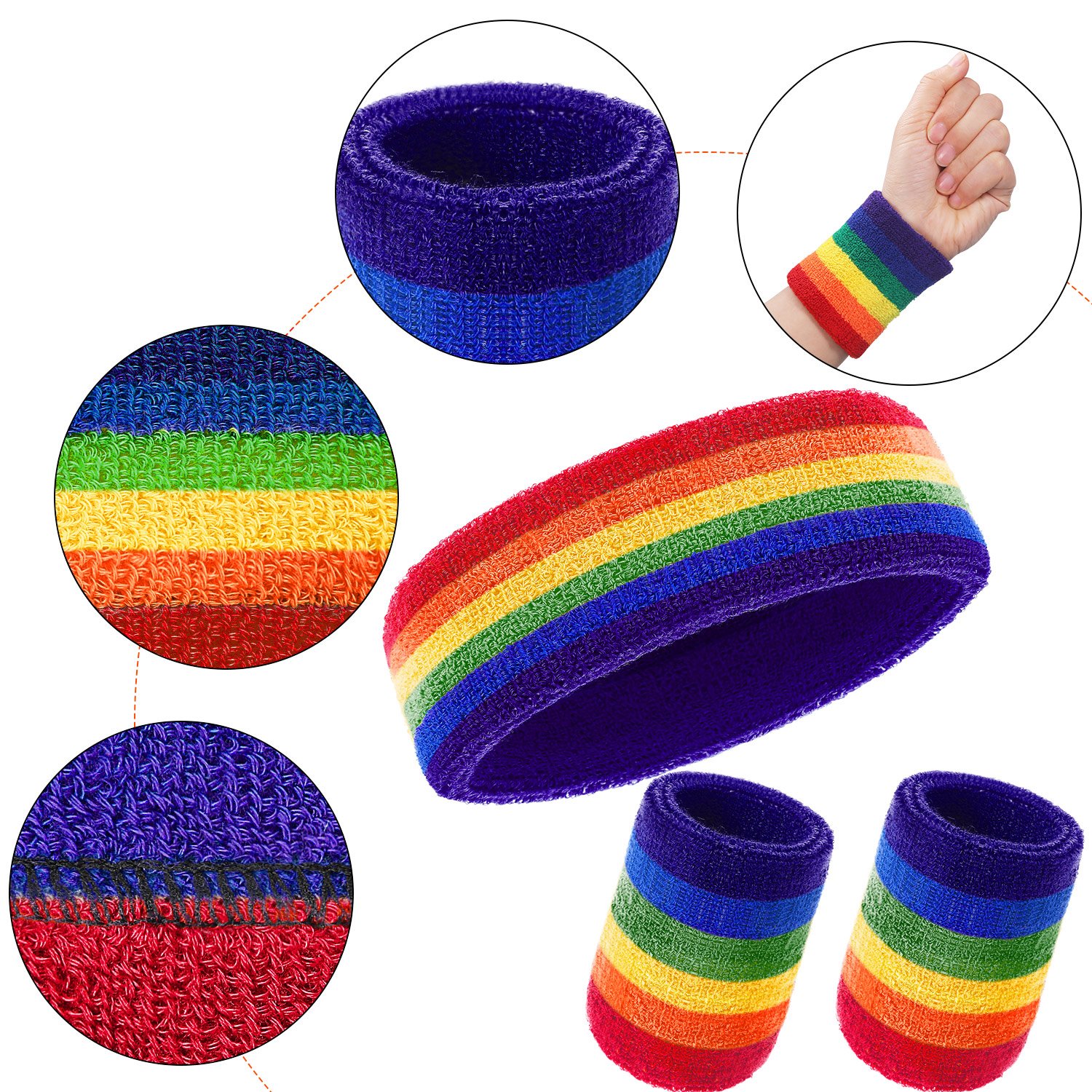 WILLBOND 3 Pcs Sweatbands Set 80s Neon Sports Headband Tennis Striped Sweat Band Paris Sports Competitions Sports Games for Men Women Kids Party Supplies(Rainbow,Striped Style)