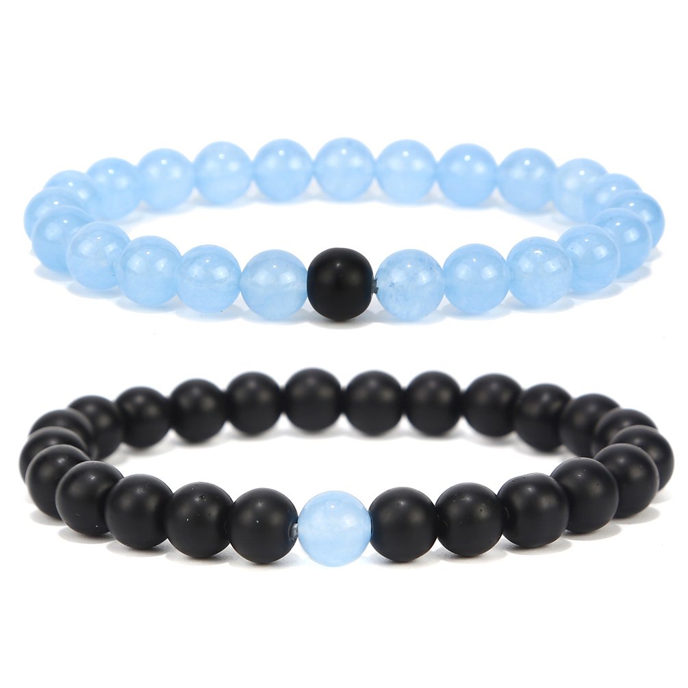 EIGHTEX Black Matte Agate & Turquoise His and Hers Bracelets 8mm Sandstone Couple Bracelet Distance Bracelets (Sky blue 2PCS/Set)