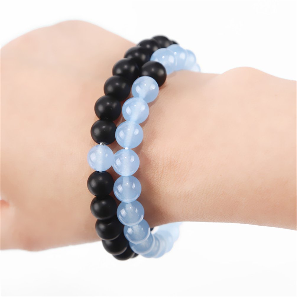 EIGHTEX Black Matte Agate & Turquoise His and Hers Bracelets 8mm Sandstone Couple Bracelet Distance Bracelets (Sky blue 2PCS/Set)