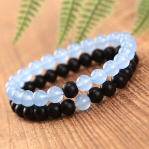 EIGHTEX Black Matte Agate & Turquoise His and Hers Bracelets 8mm Sandstone Couple Bracelet Distance Bracelets (Sky blue 2PCS/Set)