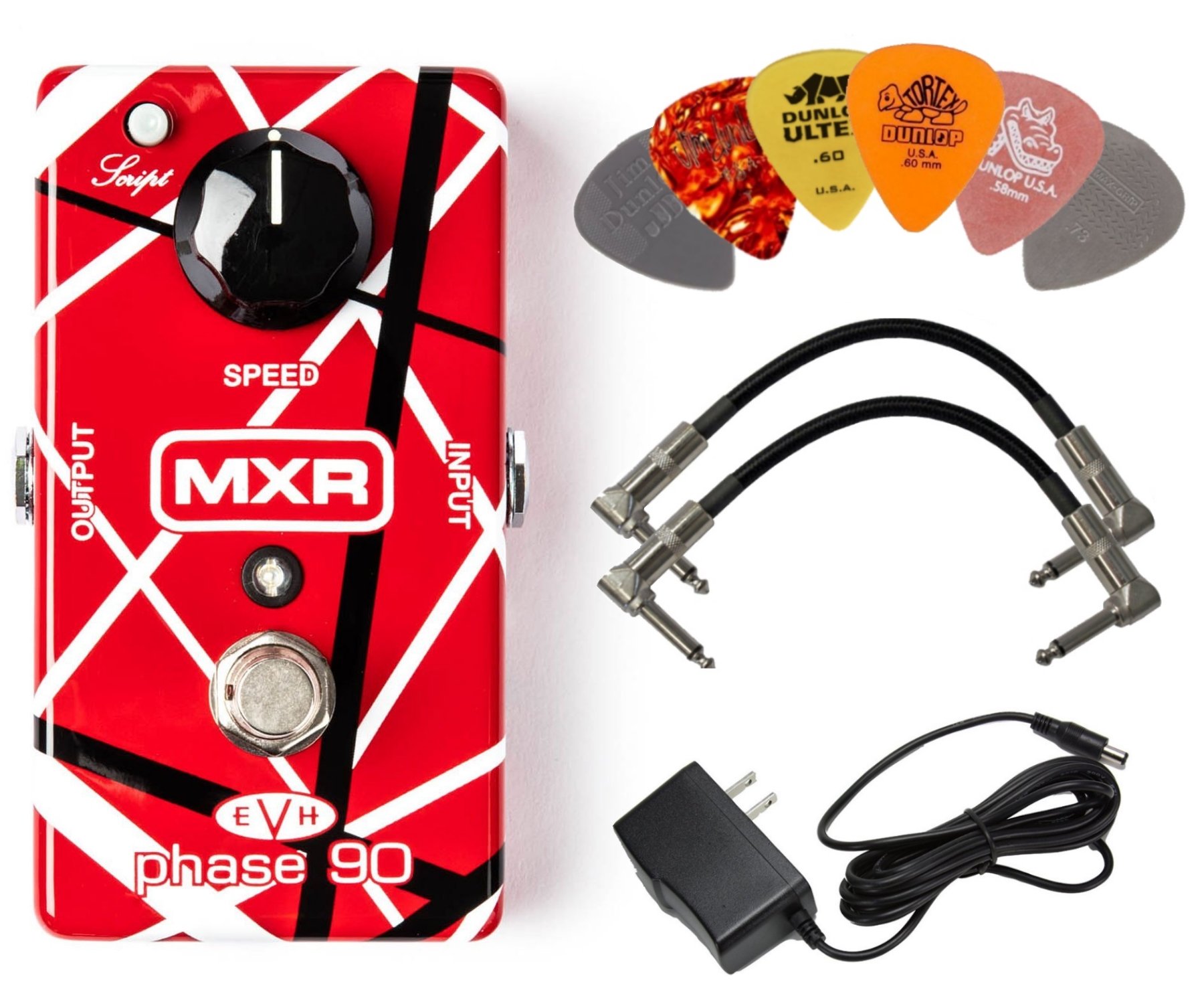 MXR EVH90 Phase 90 Effects Pedal Bundle w/2 Patch Cables, 9V Power Supply, and 6 Assorted Dunlop Picks