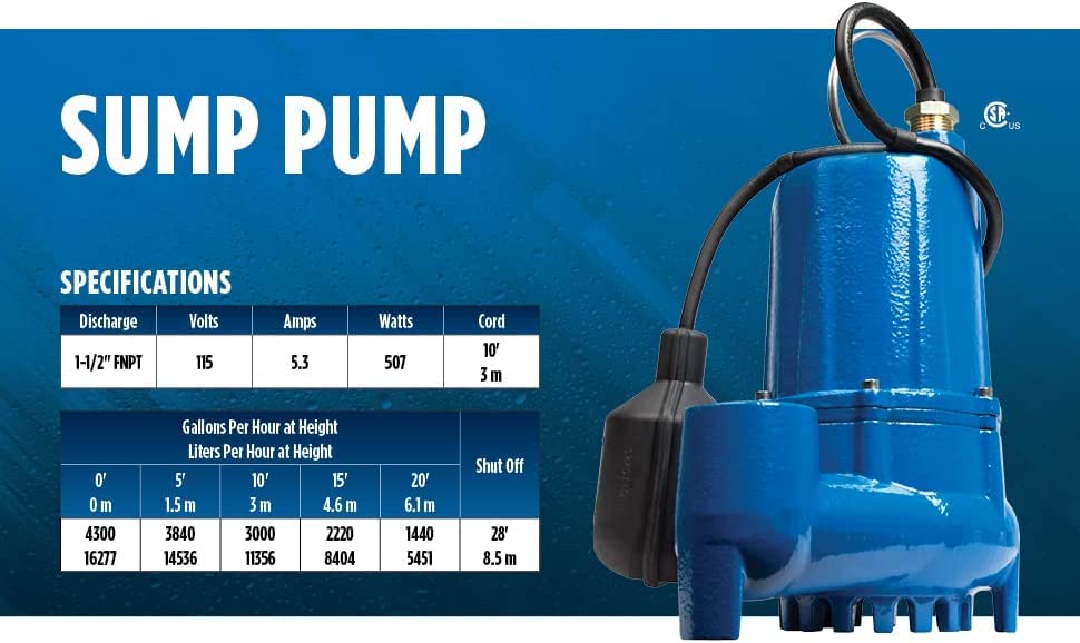 Little Giant Select Series LG-S50T 115-Volt, 1/2 HP, 4300 GPH Cast Iron Sump Pump with Tethered Switch, Blue, 14942675