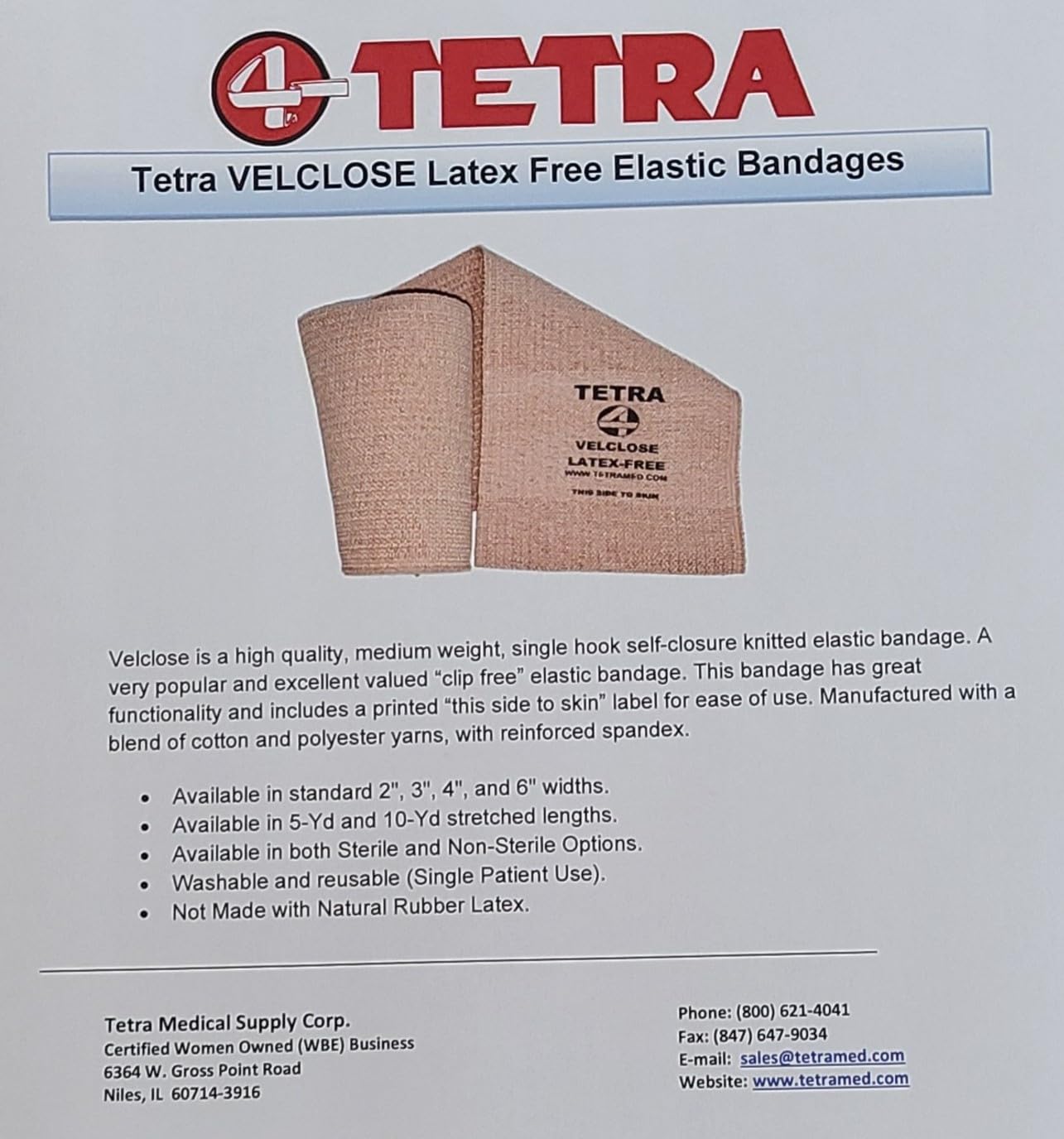 Tetra Elastic Bandage Velclose Single Clip Free Closure 6" x 5Yd (Stretched Length) Latex-Free, 10 per Box