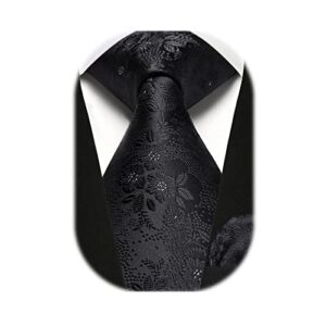 hisdern men solid black floral ties woven classic 3.4" necktie set formal tie pocket suqare for wedding business with handkerchief