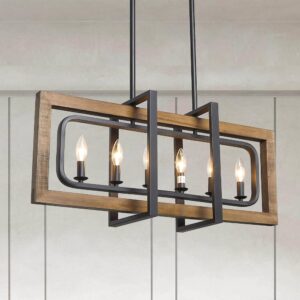 log barn farmhouse chandelier, pendant lighting for kitchen island in distressed wood and black metal finish, ceiling hanging fixture for dining room