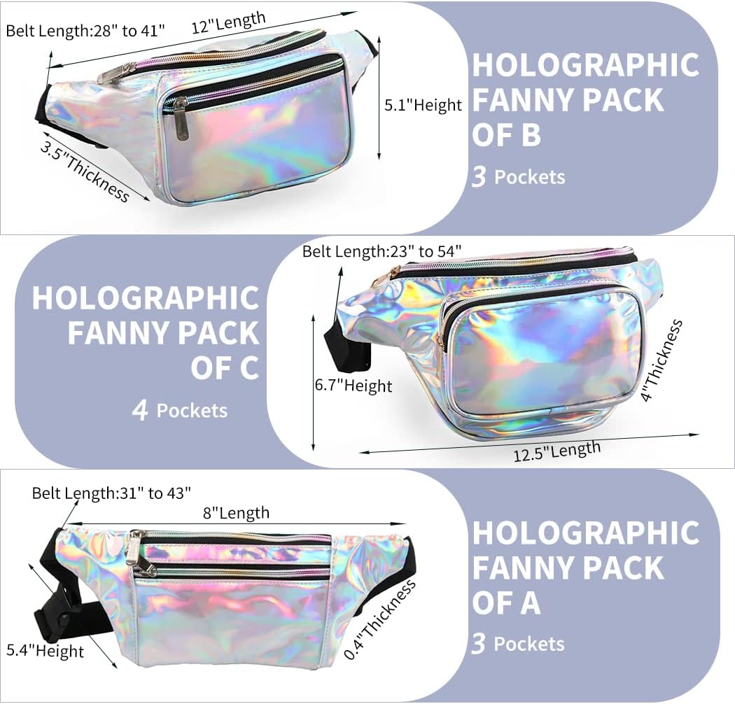 Holographic Fanny Pack for Women Men, Water Resistant Crossbody Waist Bag Pack with Multi-Pockets Adjustable Belts